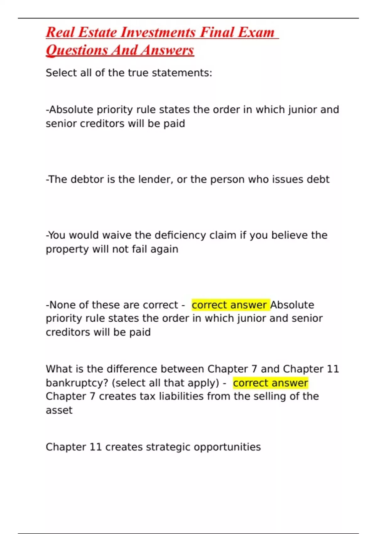 Real Estate Investments Final Exam Questions And Answers - Real Estate ...