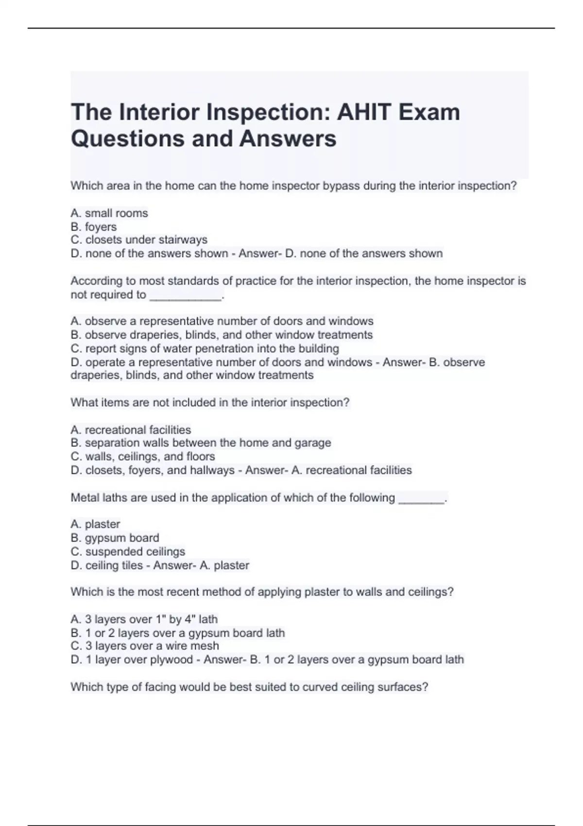 The Interior Inspection AHIT Exam Questions and Answers - AHIT - Stuvia US