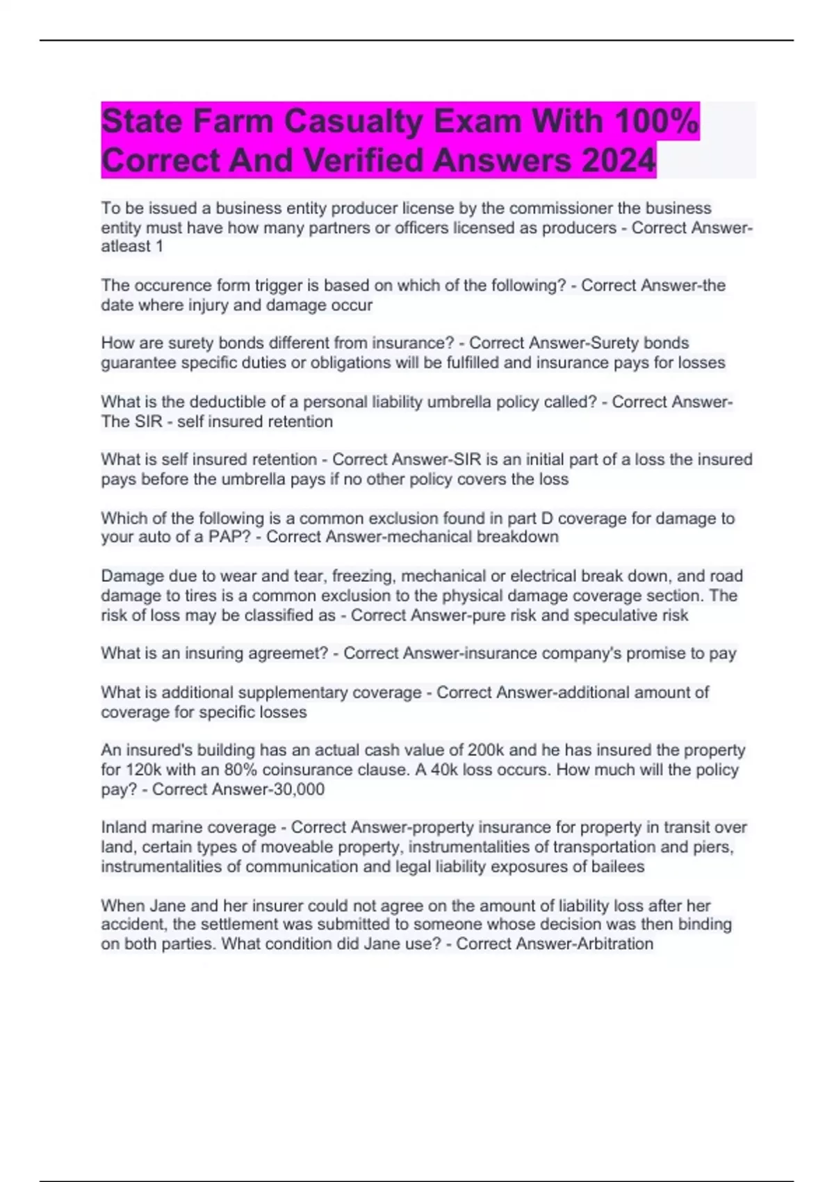 State Farm Casualty Exam With 100% Correct And Verified Answers 2024 ...