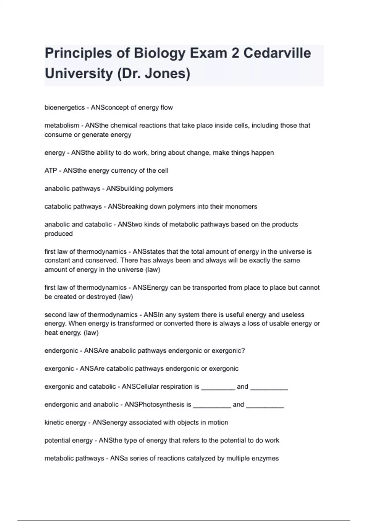 Principles of Biology Exam 2 Cedarville University (Dr. Jones) 2024/ ...