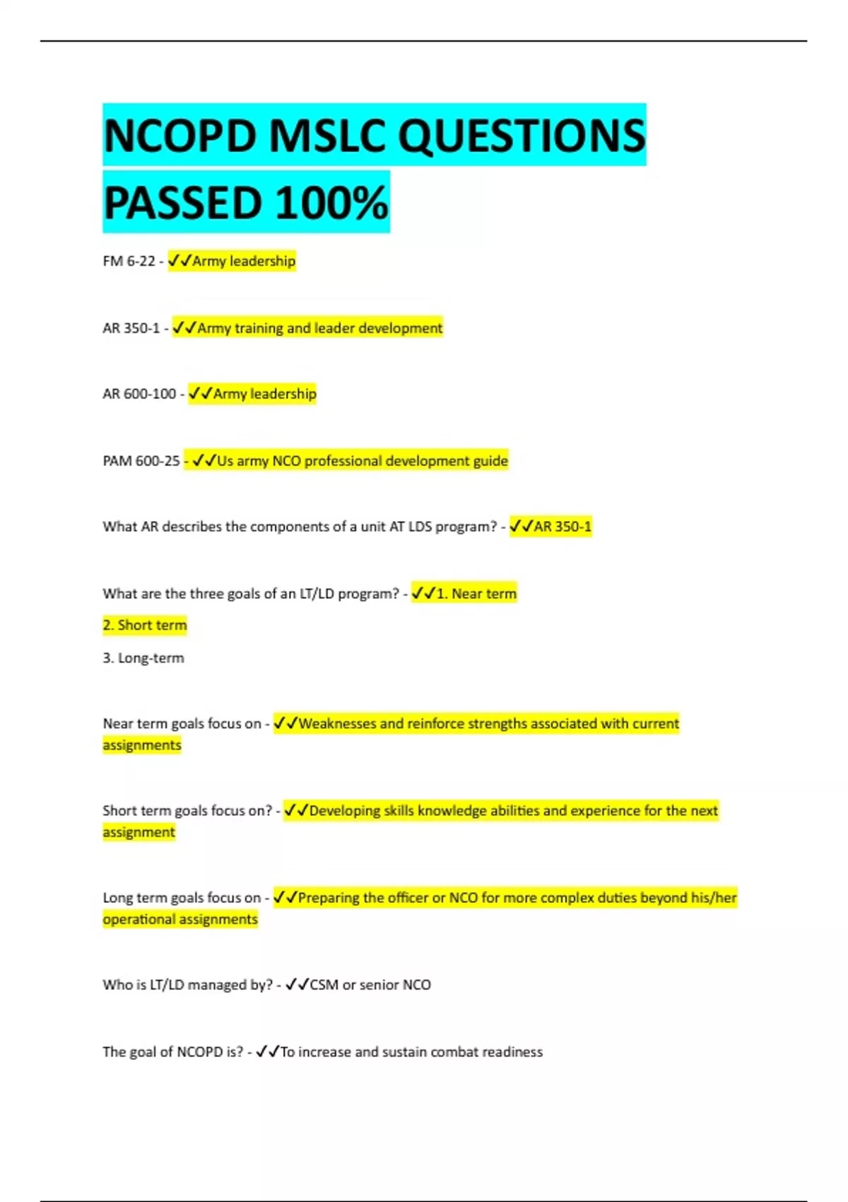 NCOPD MSLC QUESTIONS PASSED 100% - MSLC ABCP - Stuvia US