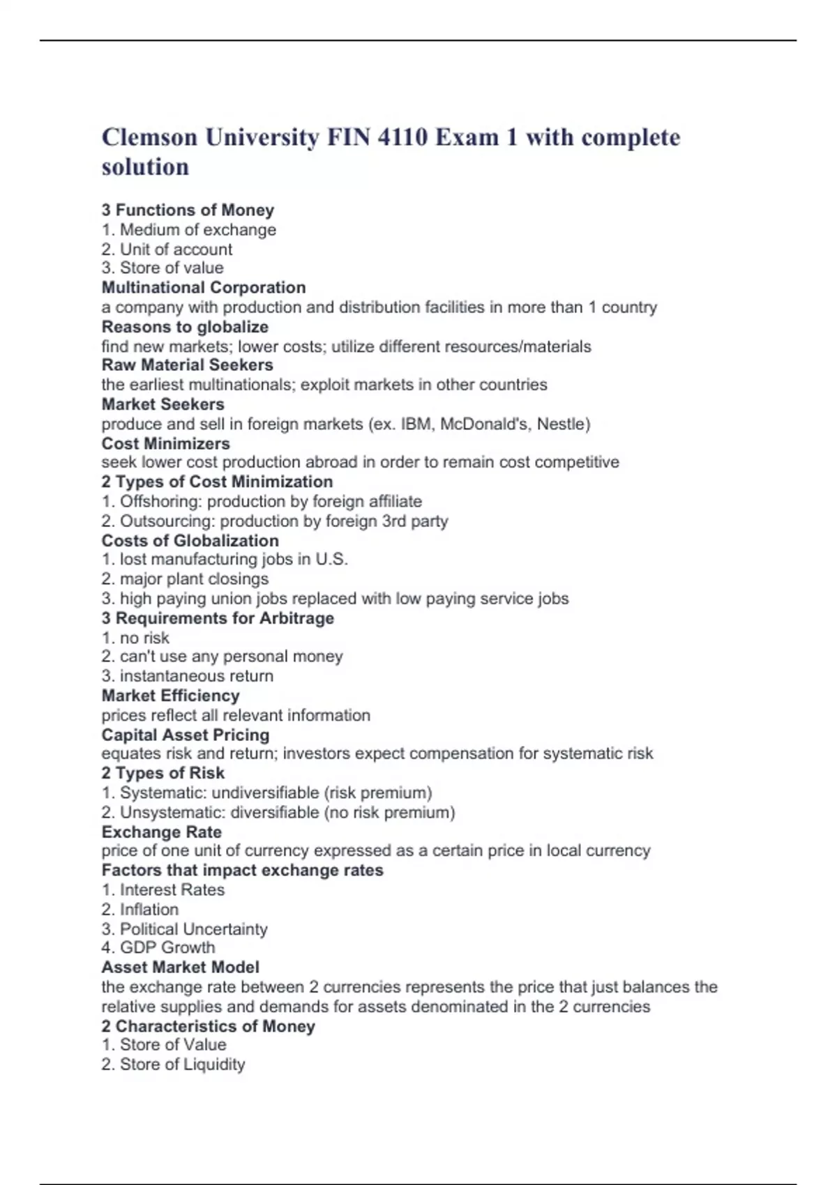 Clemson University FIN 4110 Exam 1 with complete solution - FIN 4110 ...