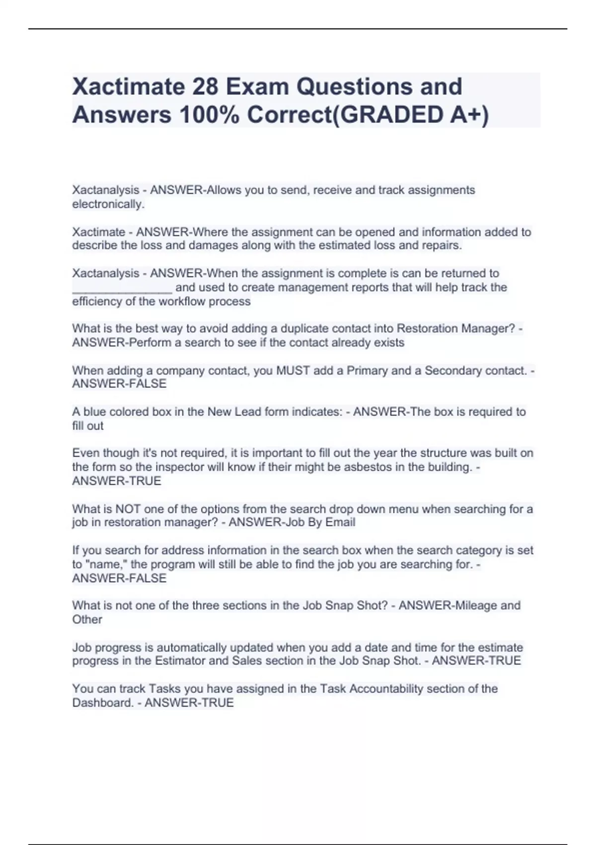 Xactimate 28 Exam Questions and Answers 100% Correct(GRADED A+) - Xactimate 28 - Stuvia US