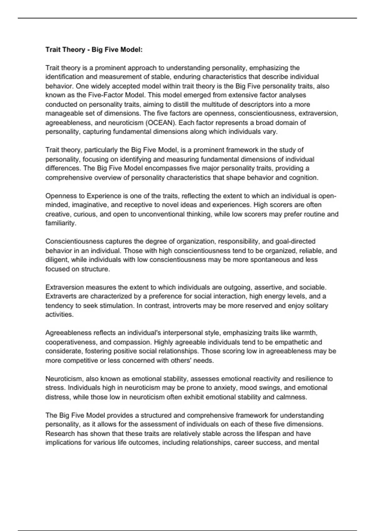 Summary Big five trait personality theory - 22501 - Stuvia US