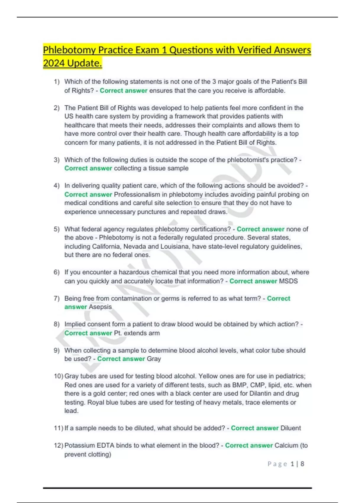Phlebotomy Practice Exam 1 Questions with Verified Answers 2024 Update ...