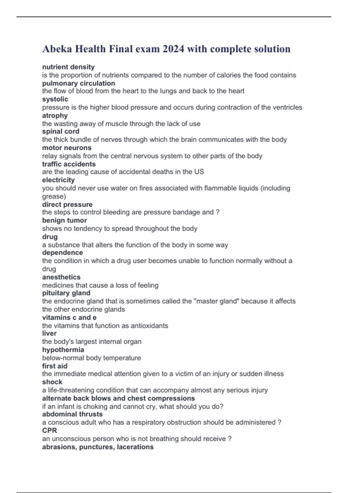 Abeka Health Final exam 2024 with complete solution - Abeka - Stuvia US