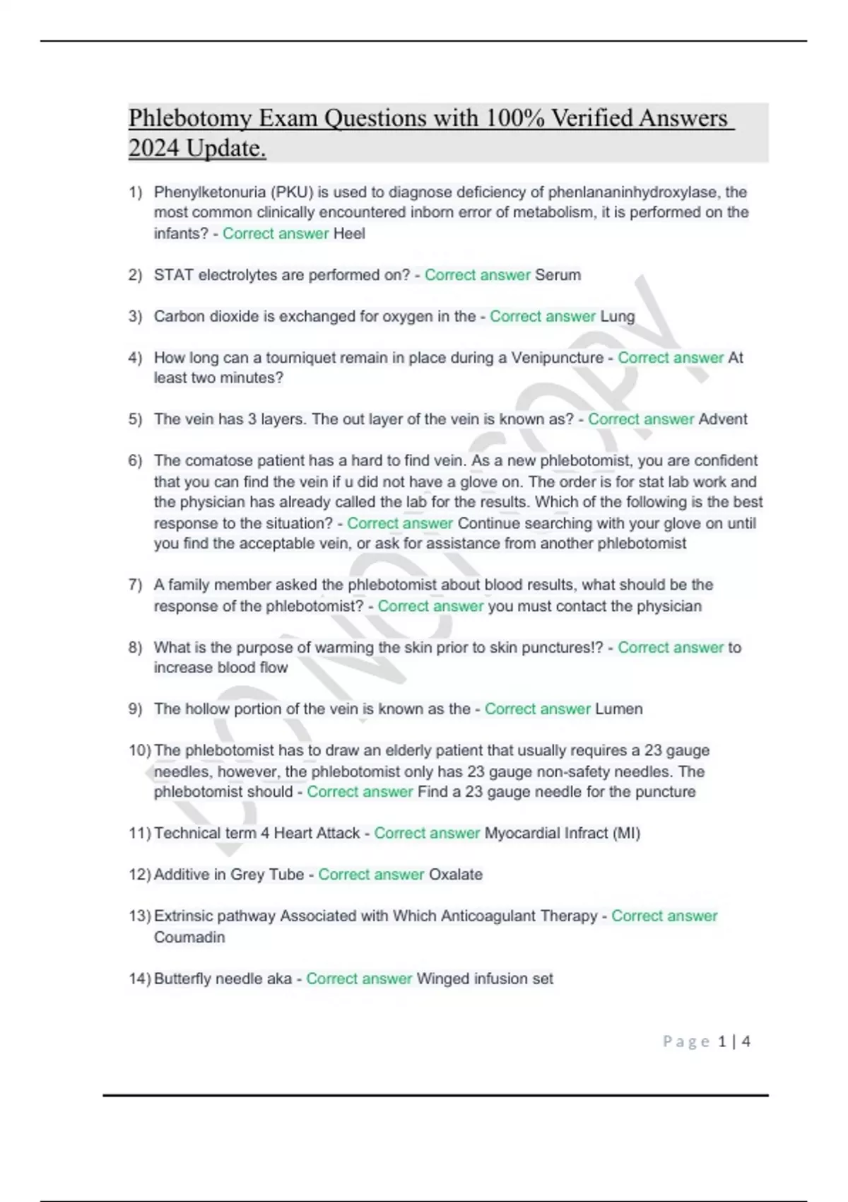 Phlebotomy Exam Questions with 100% Verified Answers 2024 Update. - WGU ...