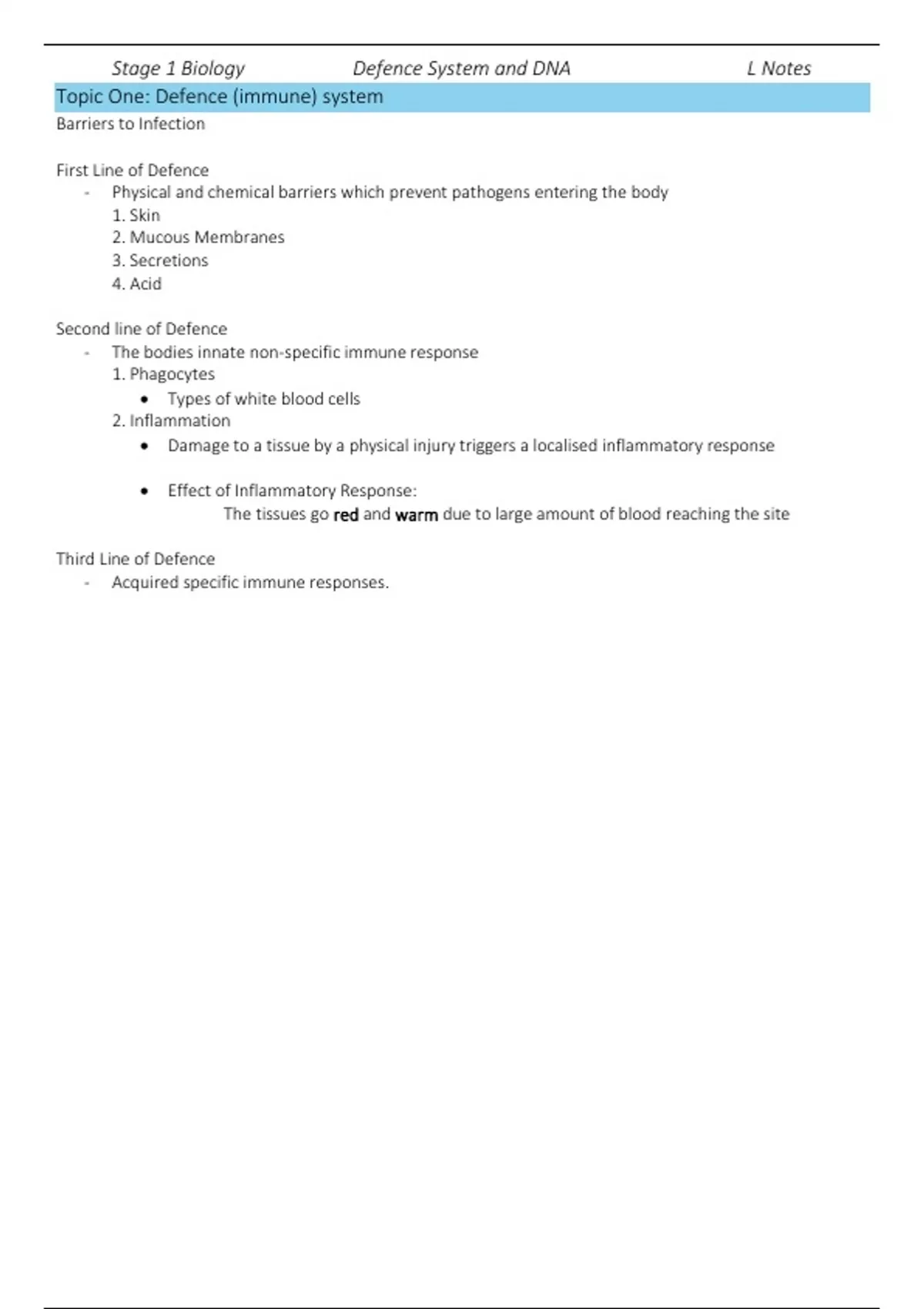 Summary Biology Notes: Defence System and DNA - Biology - Stuvia US