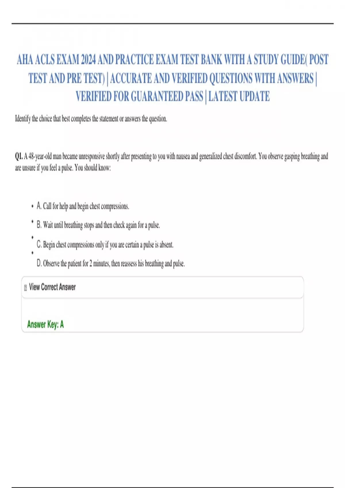AHA ACLS EXAM 2025 AND PRACTICE EXAM TEST BANK WITH A STUDY GUIDE POST