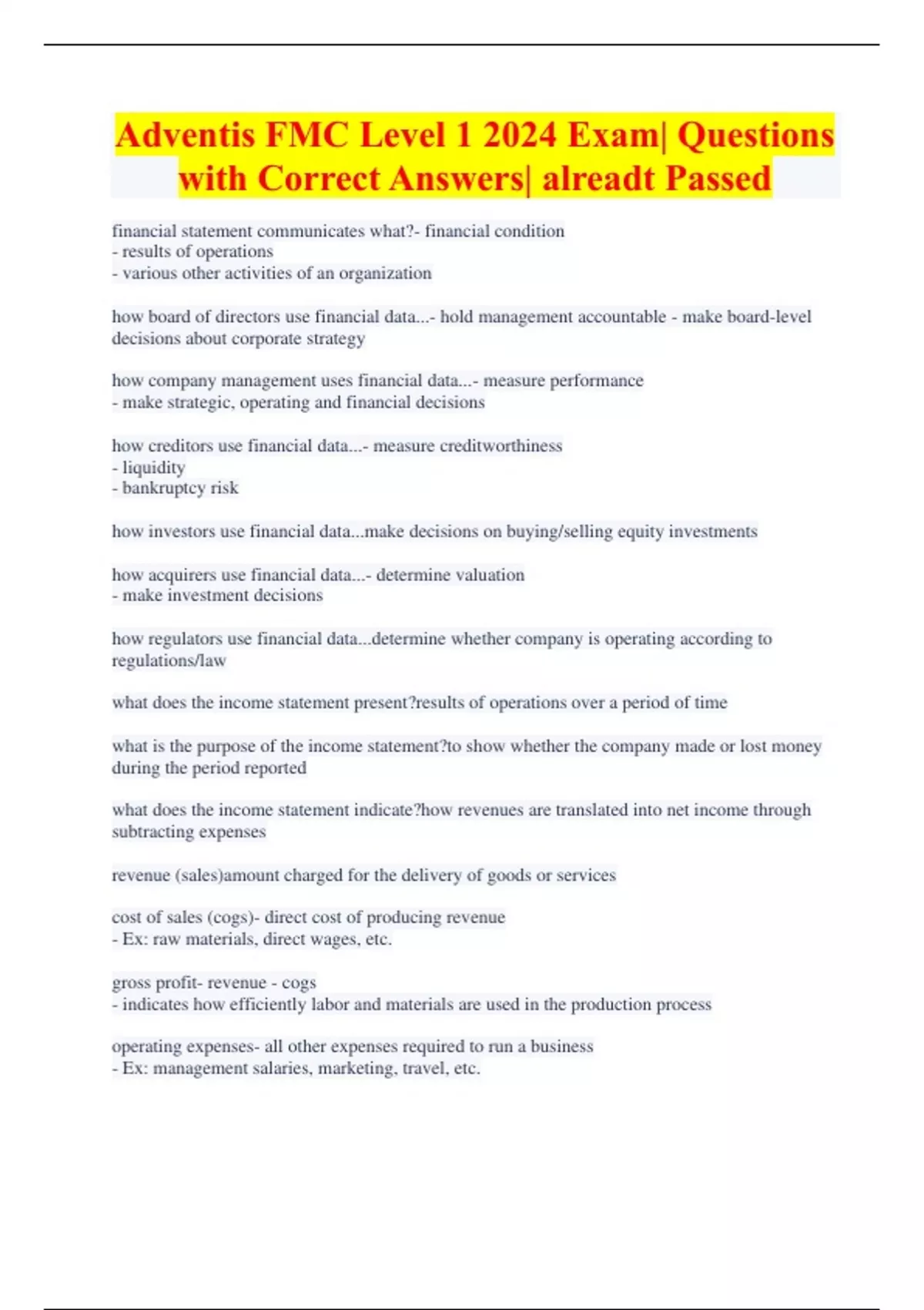 Adventis FMC Level 1 2024 Exam| Questions with Correct Answers| already ...