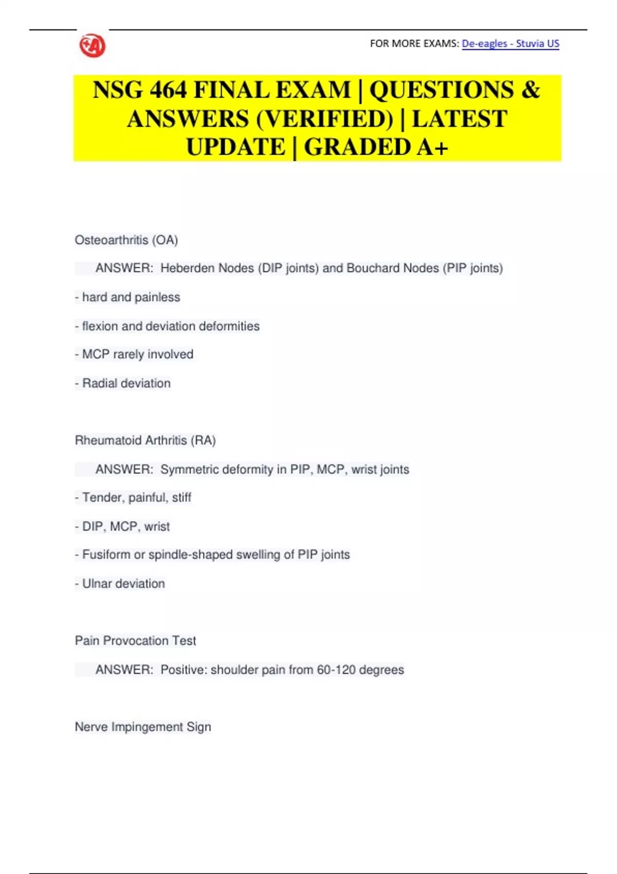NSG 464 FINAL EXAM | QUESTIONS & ANSWERS (VERIFIED) | LATEST UPDATE ...