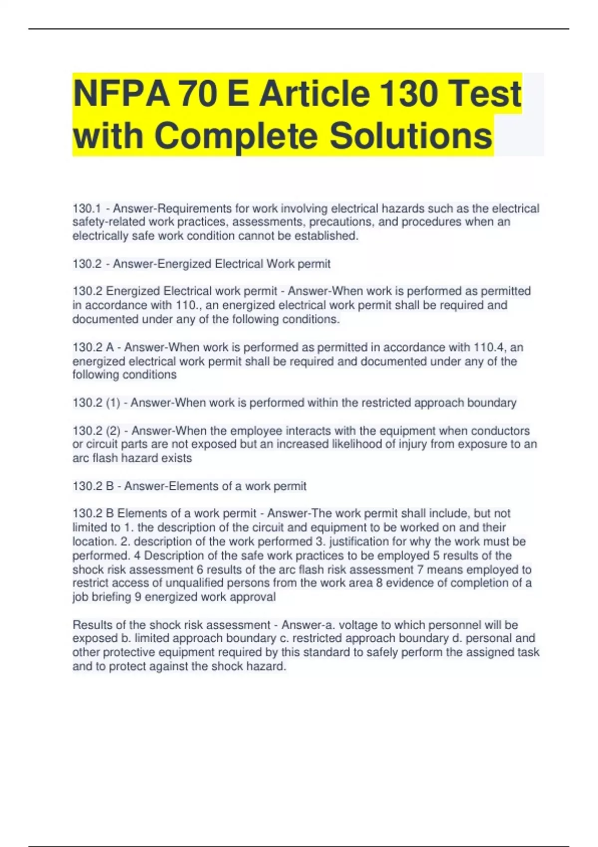 NFPA 70 E Article 130 Test with Complete Solutions - NFPA 70 E Article ...