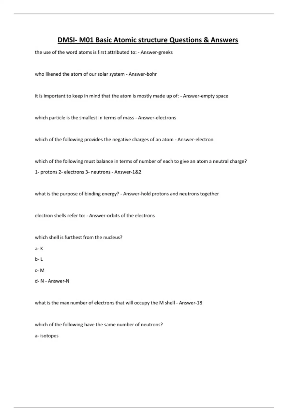 DMSI- M01 Basic Atomic structure Questions & Answers - DMSI- M01 Basic ...