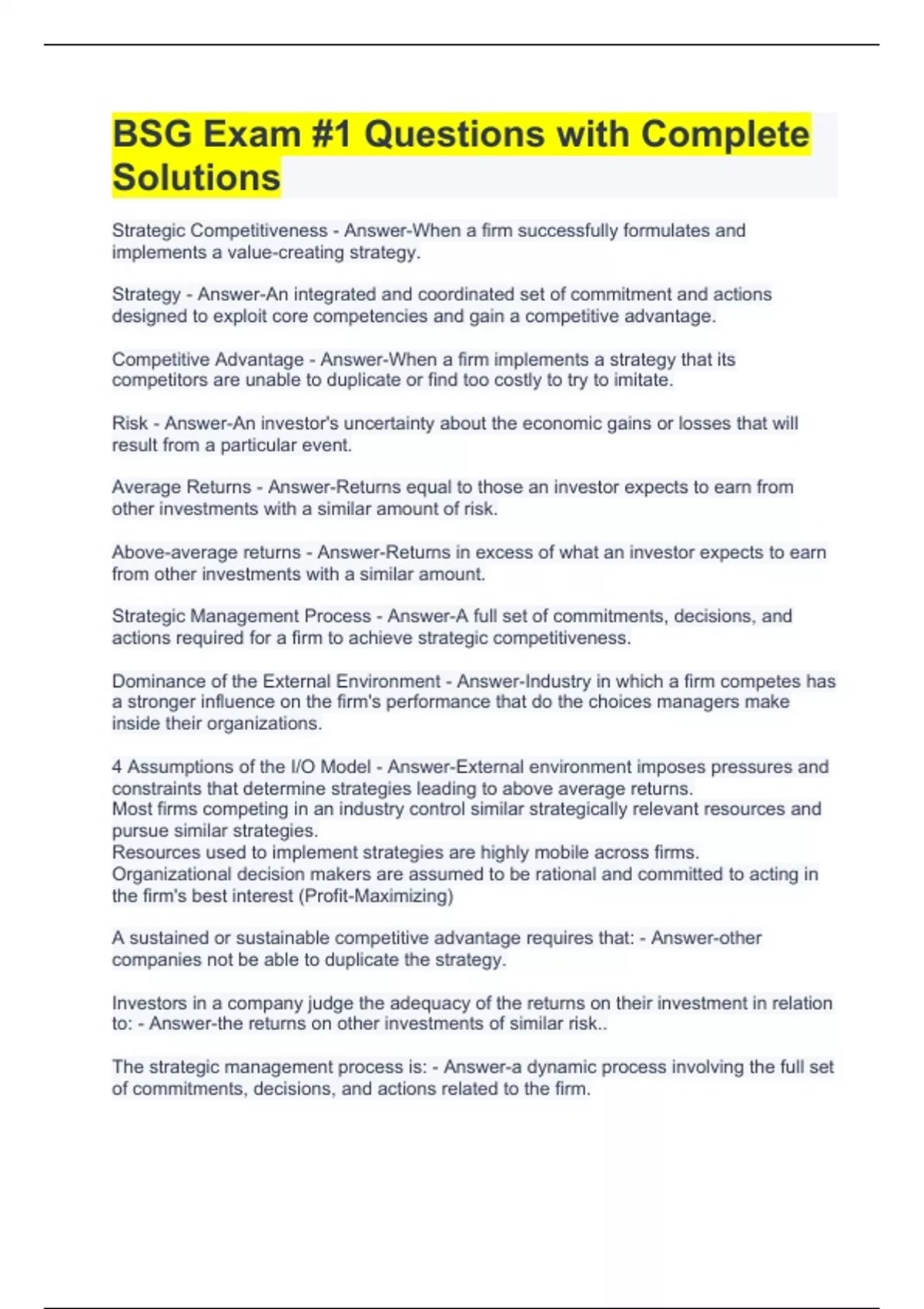 BSG Exam #1 Questions with Complete Solutions - BSG - Stuvia US