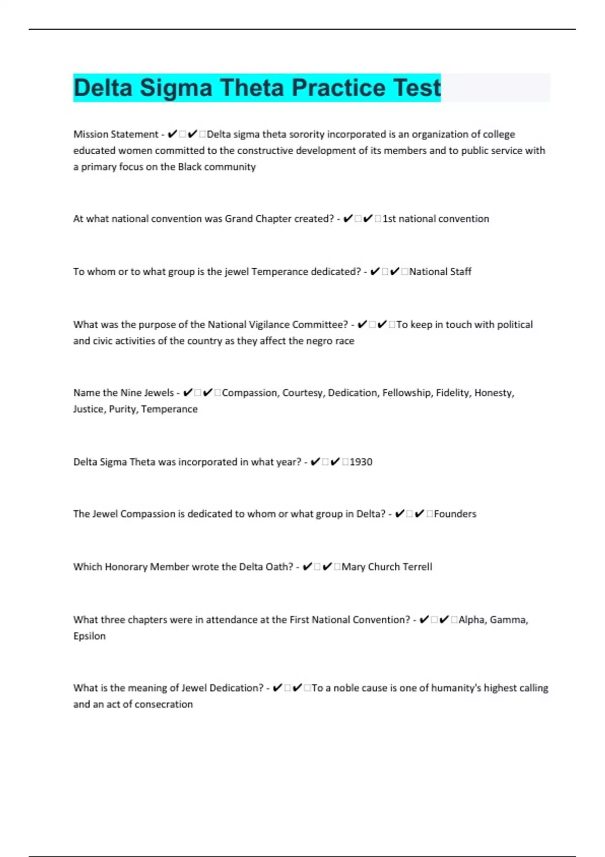 Delta Sigma Theta 184 Practice Test Questions with 100% Correct Answers ...