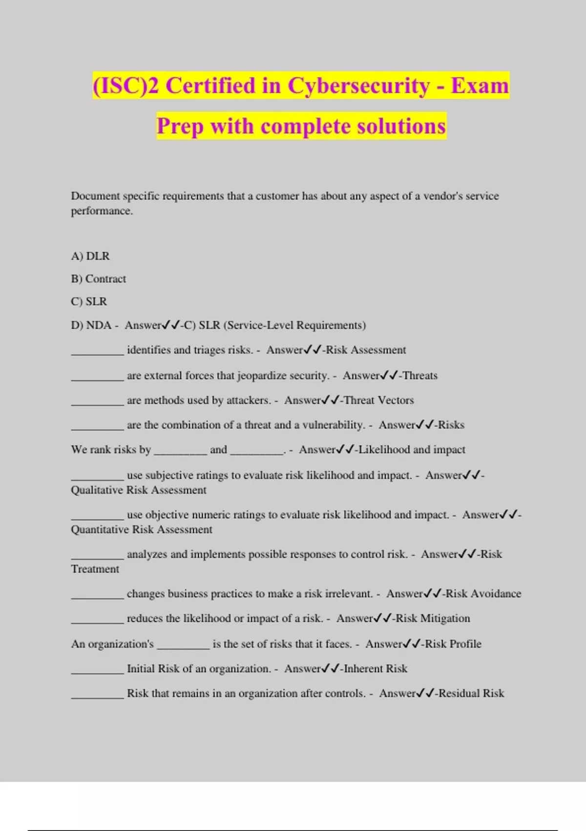 (ISC)2 Certified in Cybersecurity - Exam Prep with complete solutions - ISC2 Cybersecurity ...