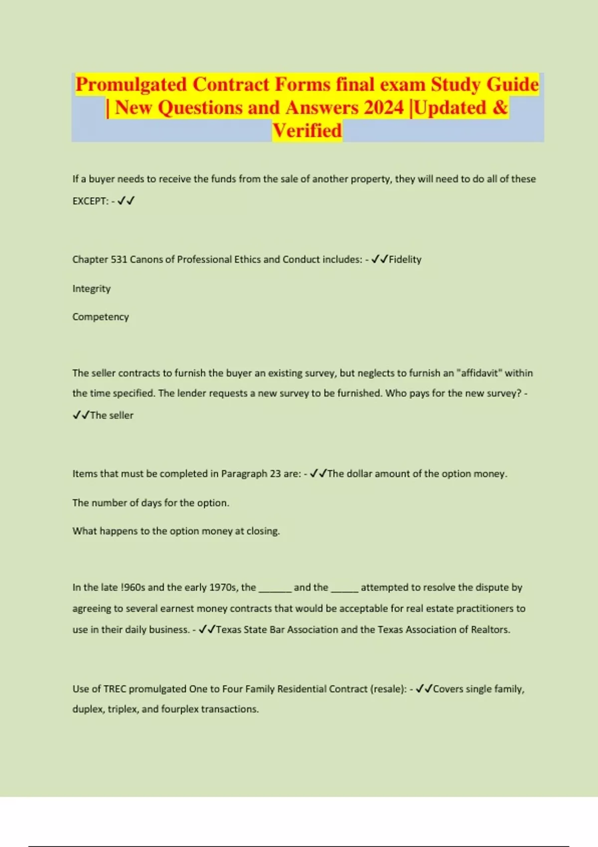 Promulgated Contract Forms final exam Study Guide | New Questions and ...