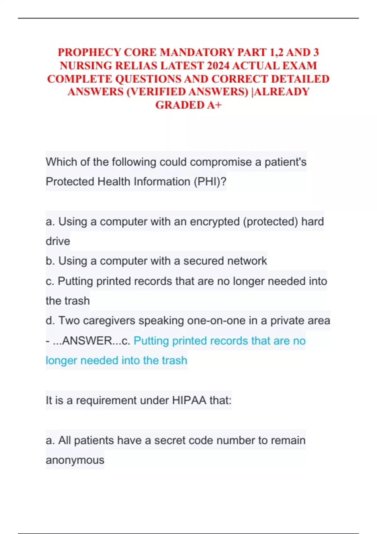 PROPHECY CORE MANDATORY PART 1,2 AND 3 NURSING RELIAS LATEST 2024 ...