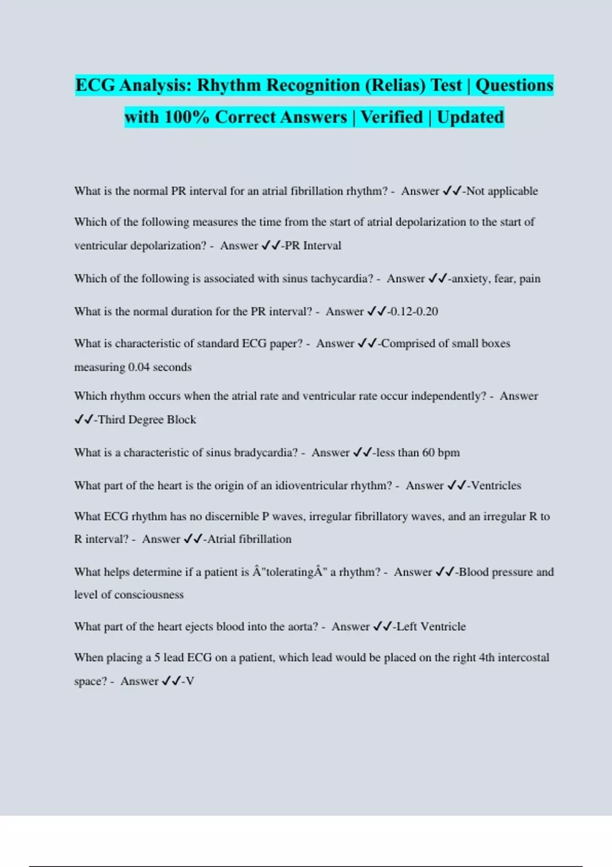 ECG Analysis: Rhythm Recognition (Relias) Test | Questions with 100% ...