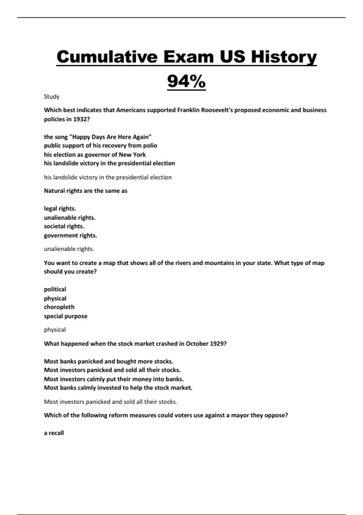Cumulative Exam US History 94% questions correctly answered ...
