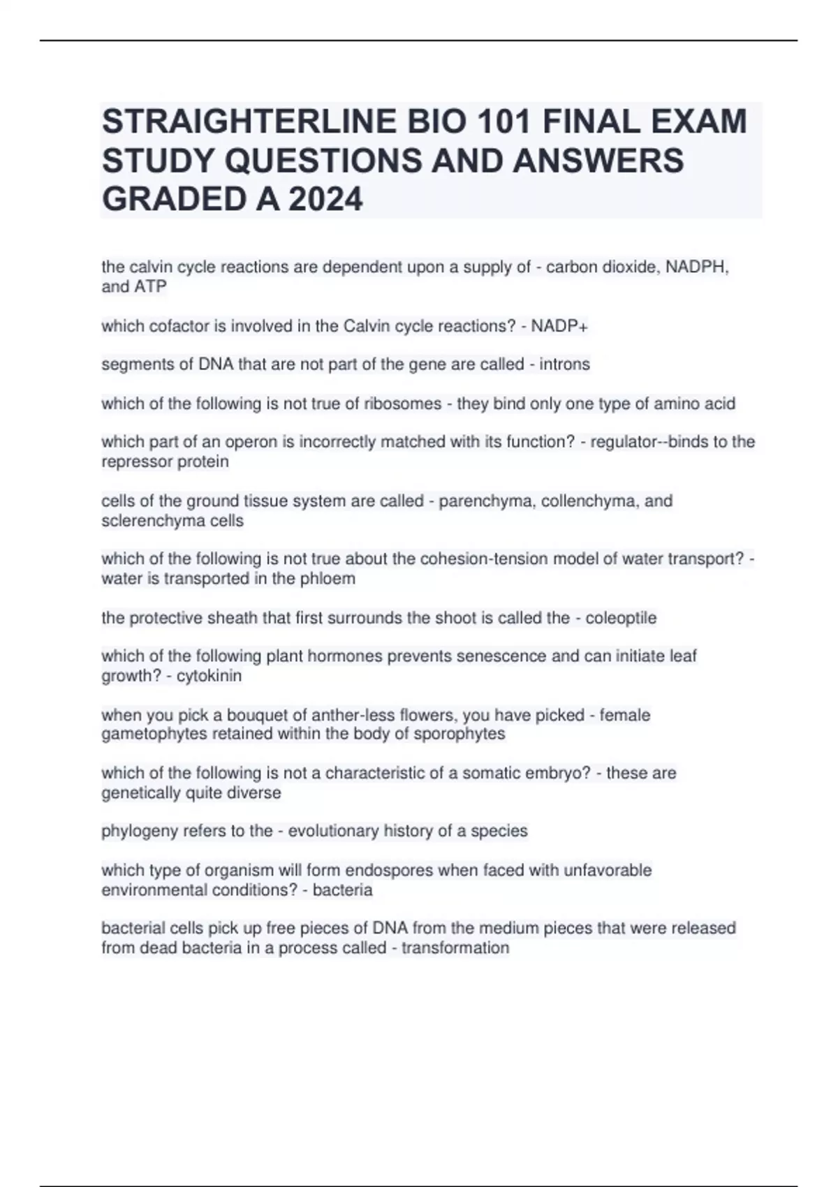STRAIGHTERLINE BIO 101 FINAL EXAM STUDY QUESTIONS AND ANSWERS GRADED A ...