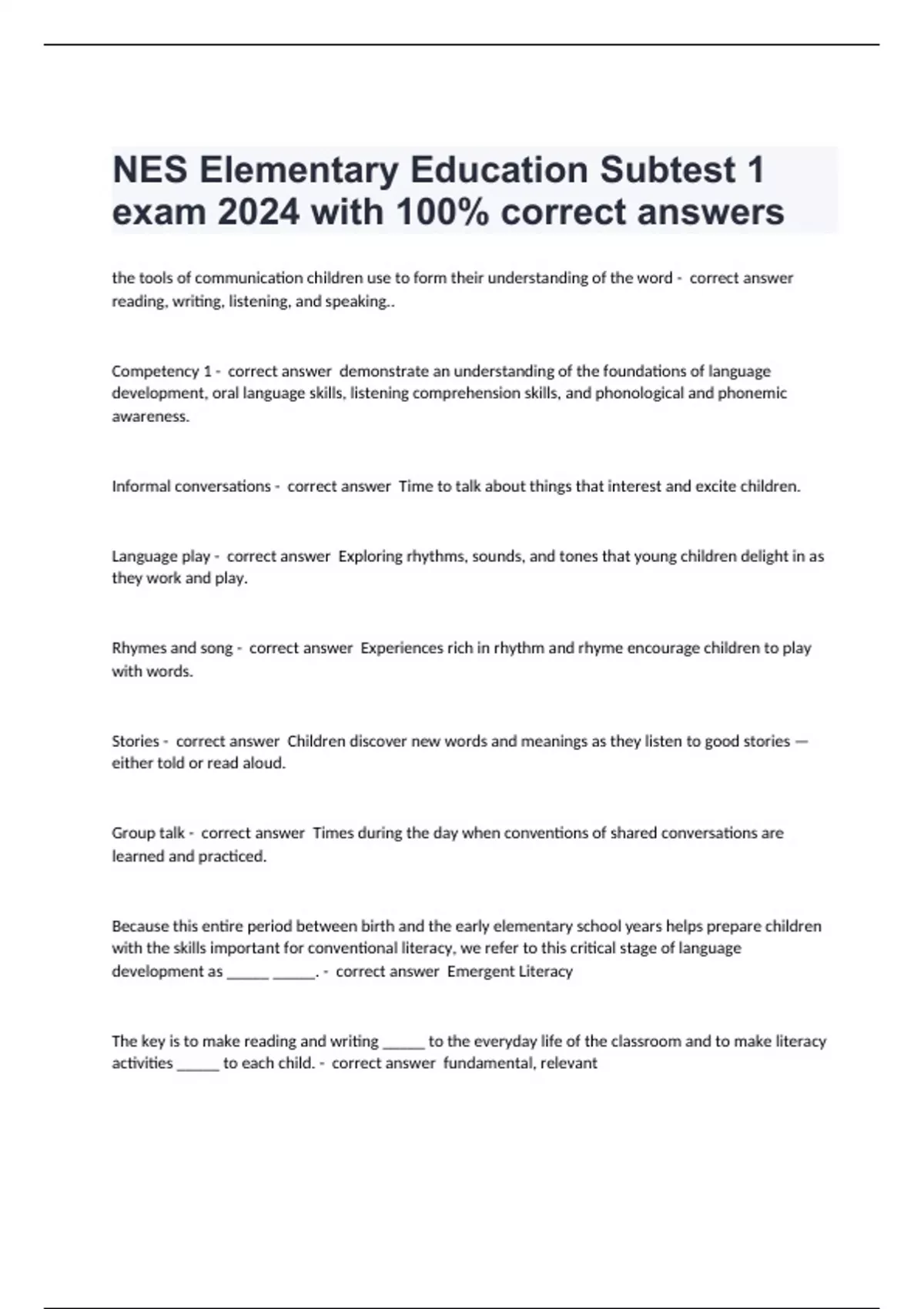 NES Elementary Education Subtest 1 exam 2024 with 100% correct answers ...
