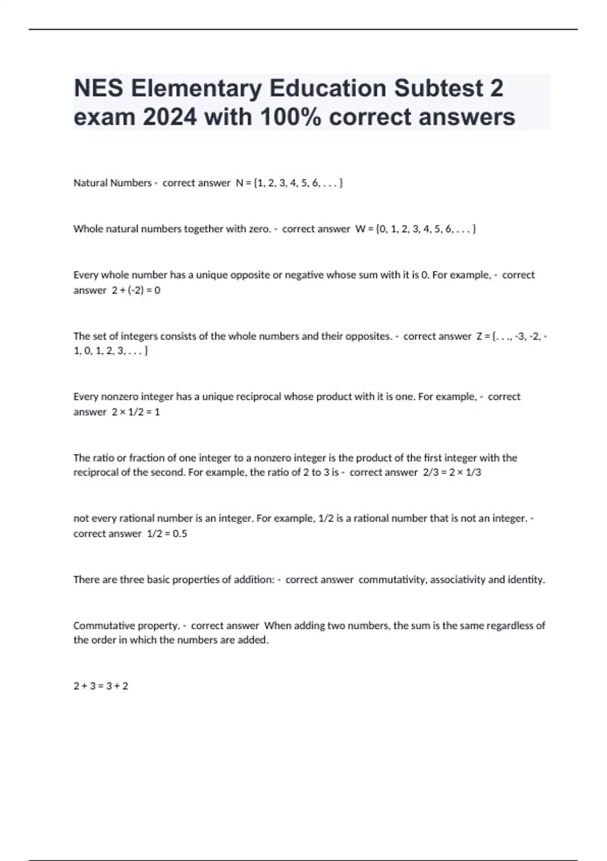 NES Elementary Education Subtest 2 exam 2024 with 100% correct answers ...