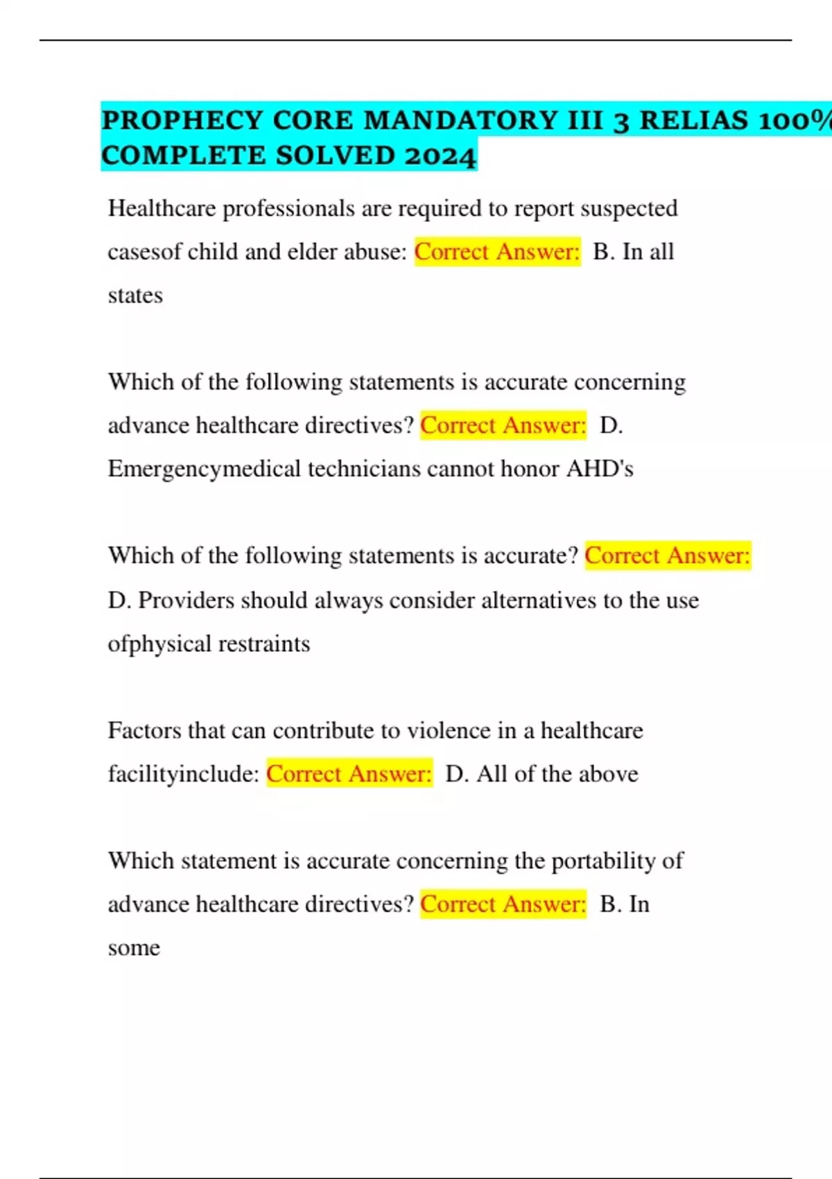 PROPHECY CORE MANDATORY III 3 RELIAS 100% COMPLETE SOLVED 2024 ...