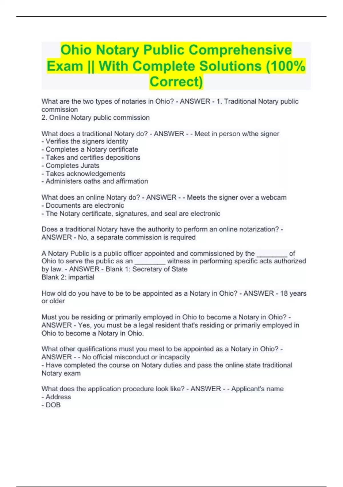 Ohio Notary Public Comprehensive Exam || With Complete Solutions (100% ...