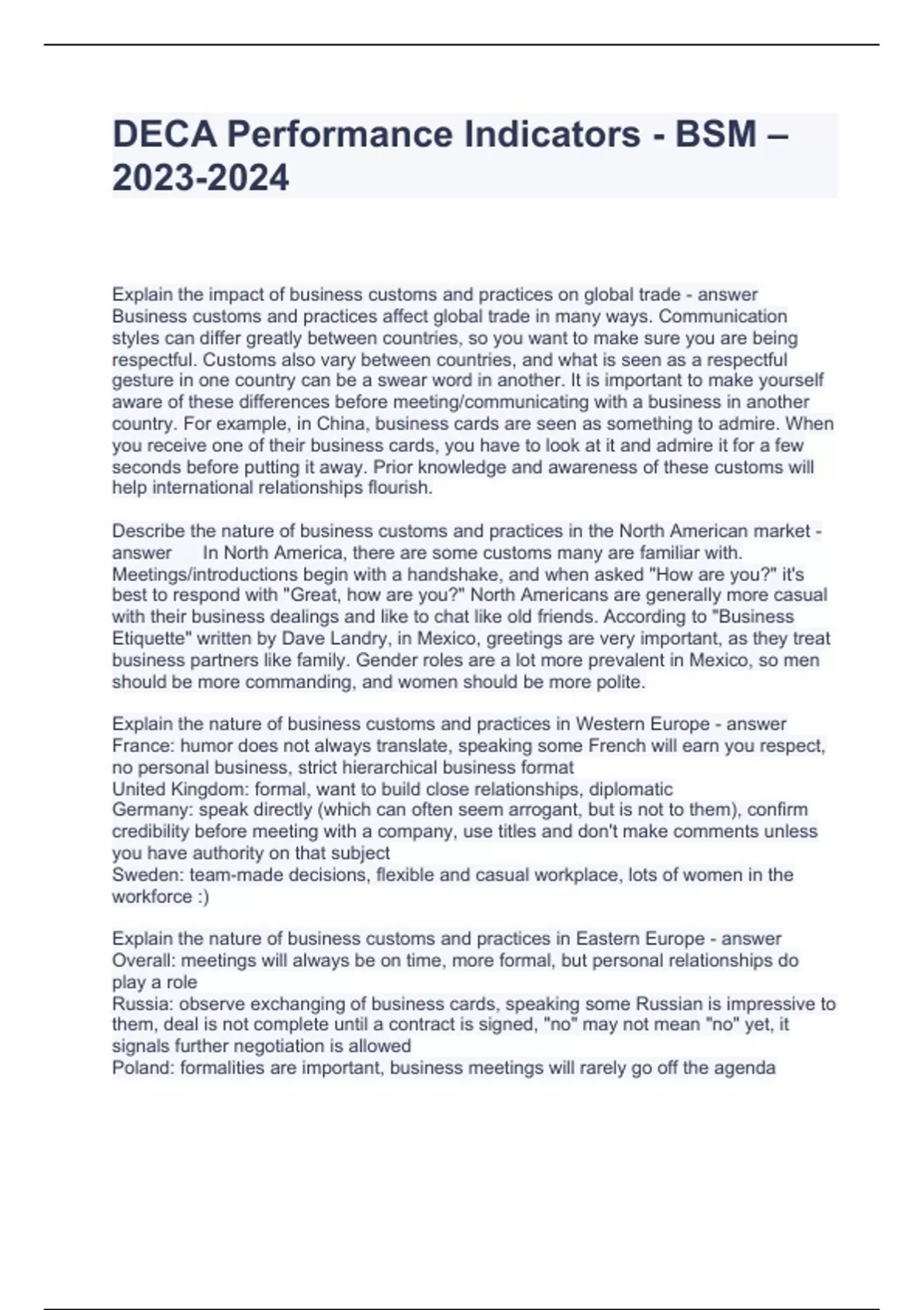 DECA Performance Indicators - BSM – Questions and Answers 2024 - BSM - Stuvia US