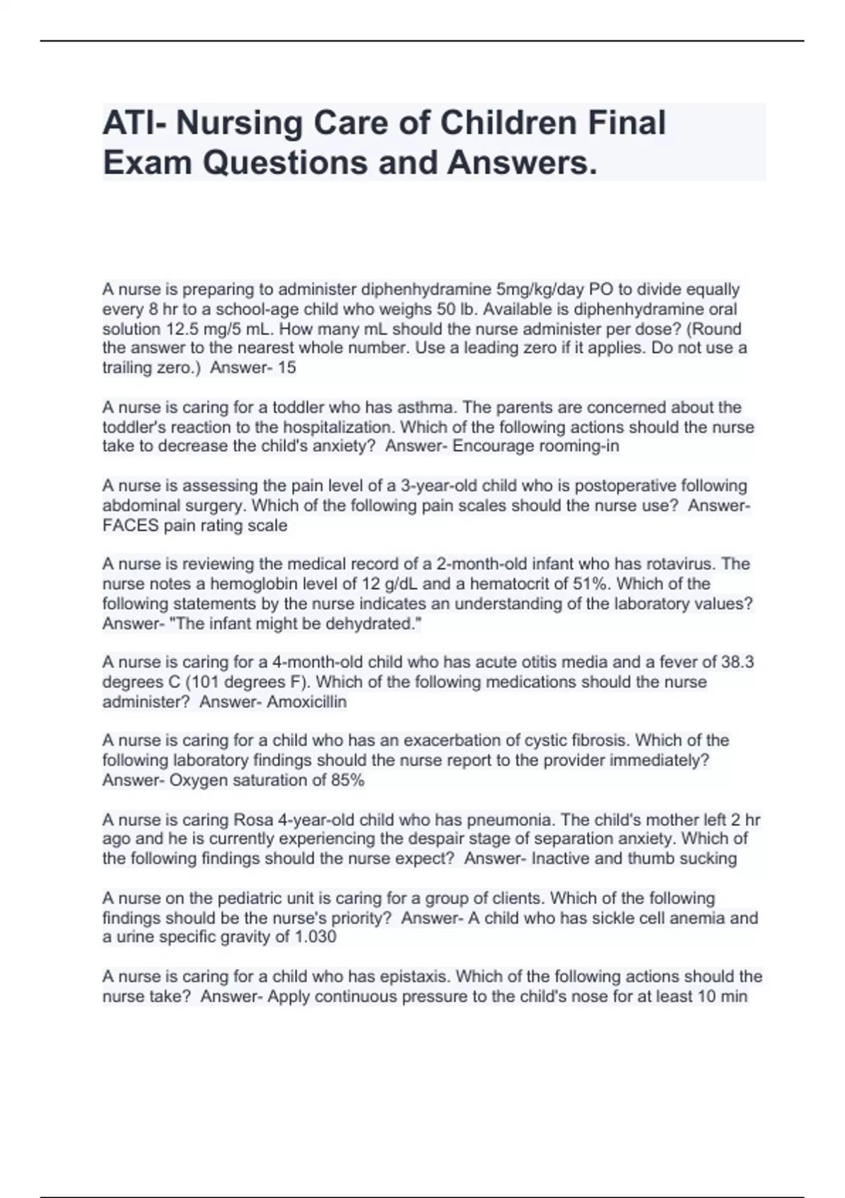 ATI- Nursing Care of Children Final Exam Questions and Answers - ATI RN ...