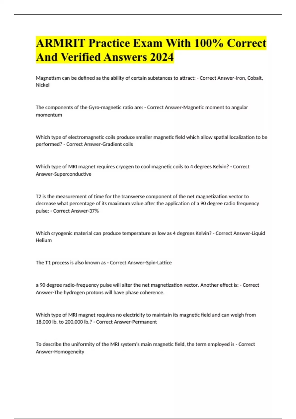 ARMRIT Practice Exam With 100% Correct And Verified Answers 2024 ...