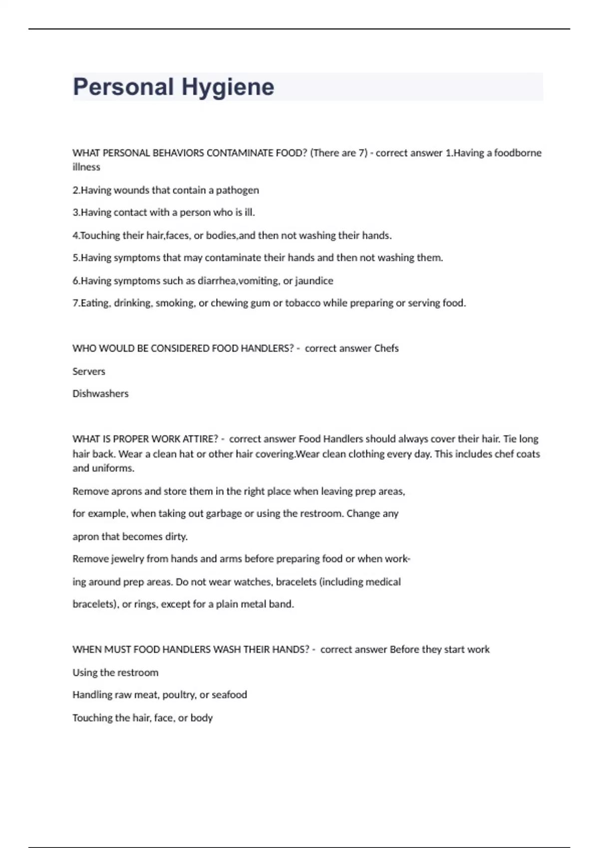 Personal Hygiene Practice Questions With Complete Solutions 2024 ...