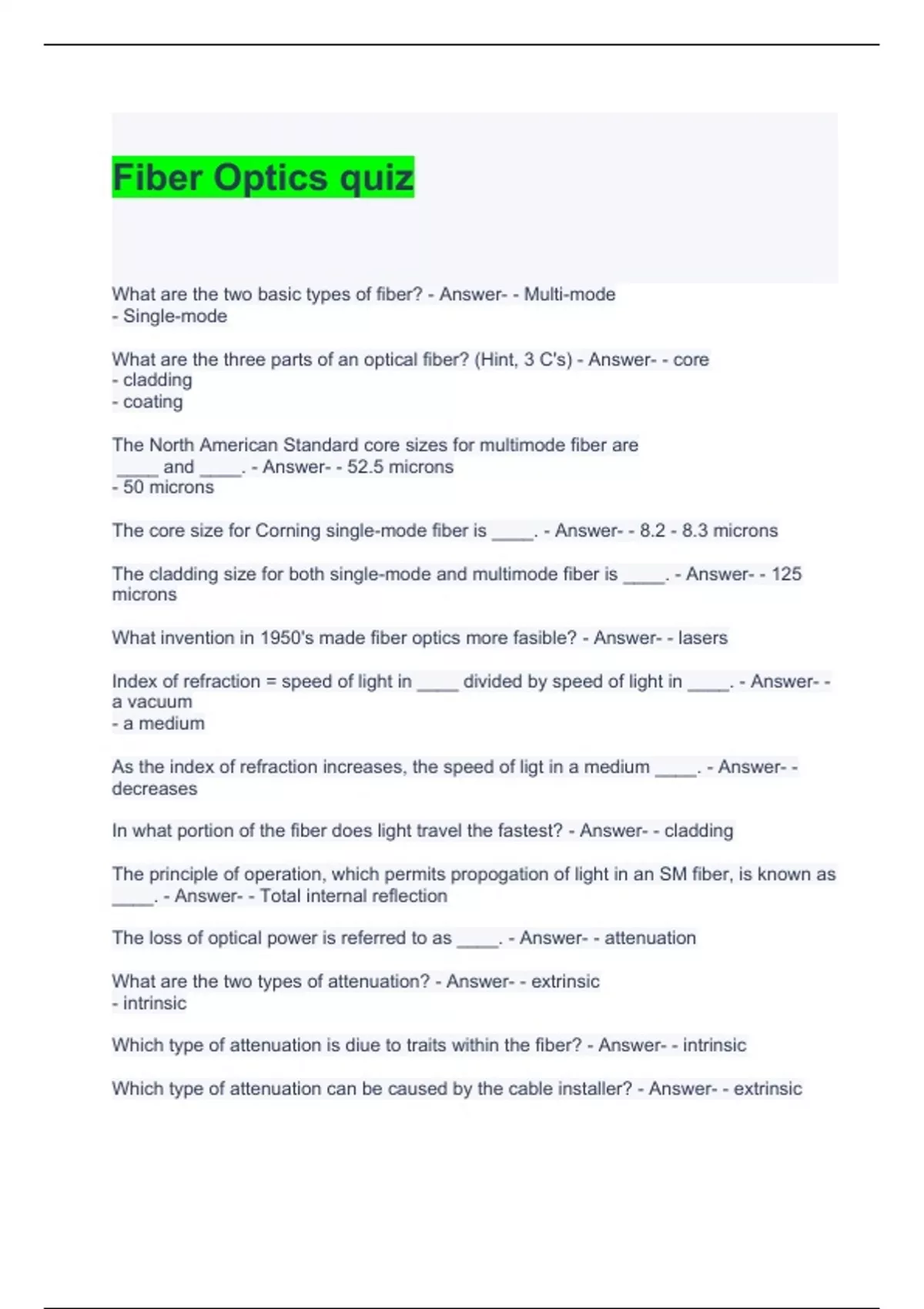 Fiber Optics quiz with complete solutions - FOA CFOT - Stuvia US