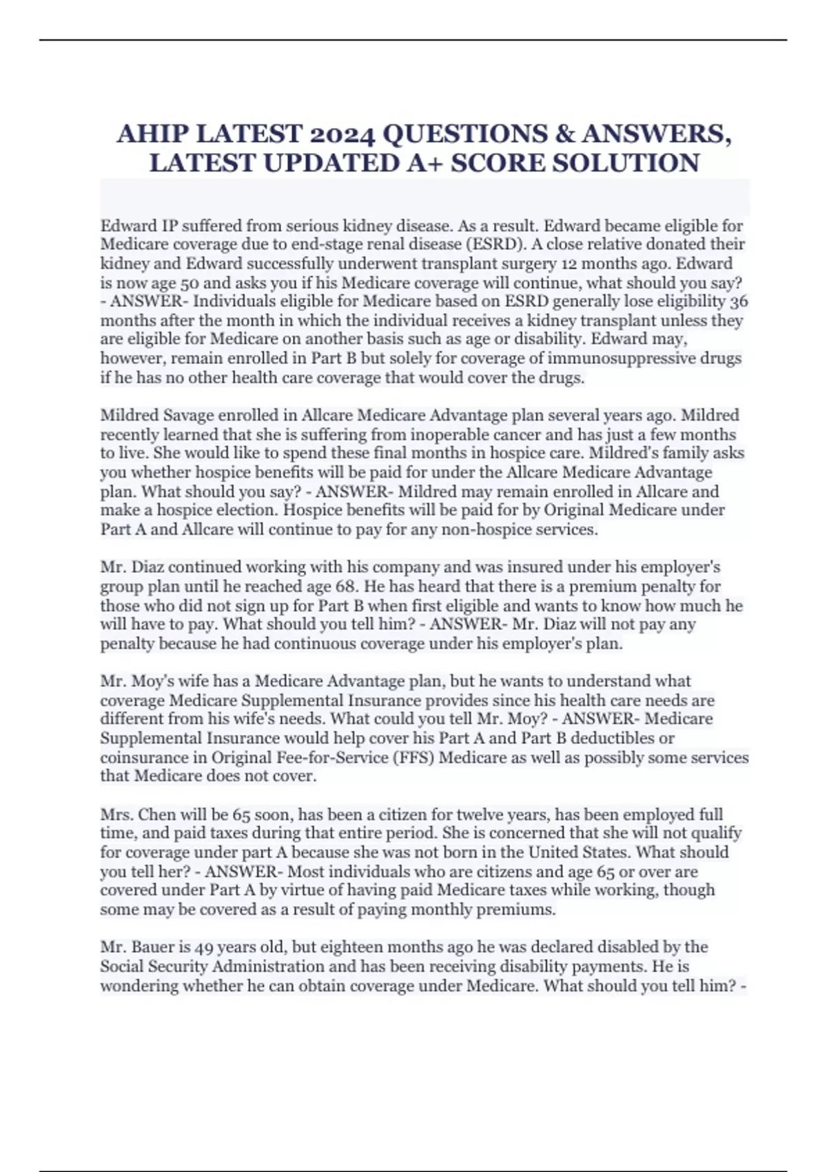 AHIP LATEST 2024 QUESTIONS & ANSWERS, LATEST UPDATED A+ SCORE SOLUTION ...