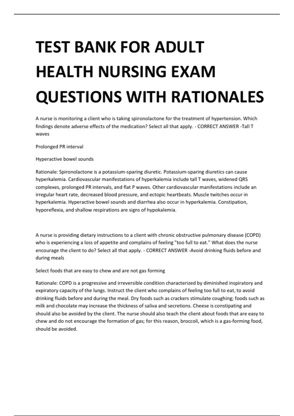 TEST BANK FOR ADULT HEALTH NURSING EXAM QUESTIONS WITH RATIONALES ...