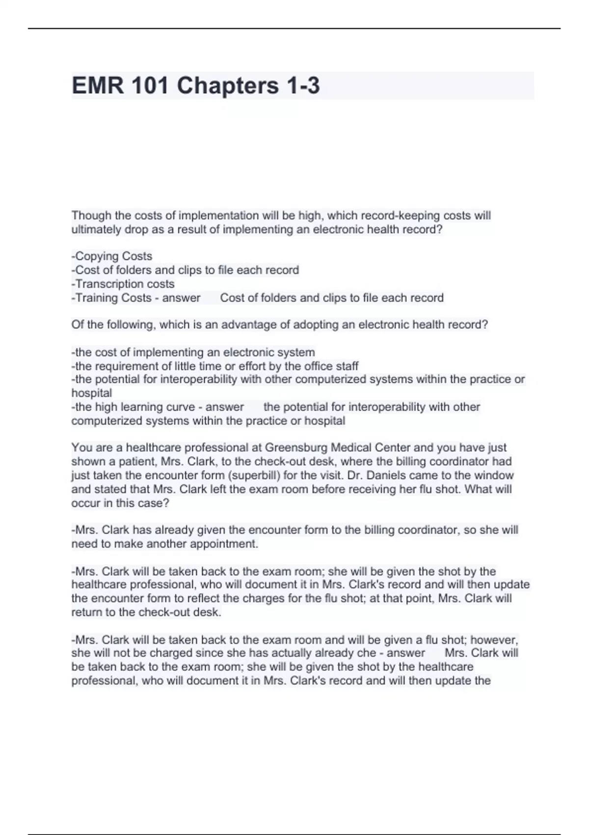 EMR 101 Chapters 1-3 Questions and Answers 2024 Verified - CHFM - Stuvia US