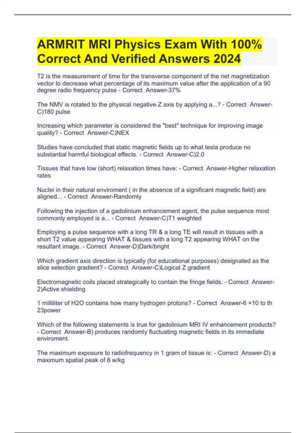 ARMRIT MRI Physics Exam With 100% Correct And Verified Answers 2024 ...