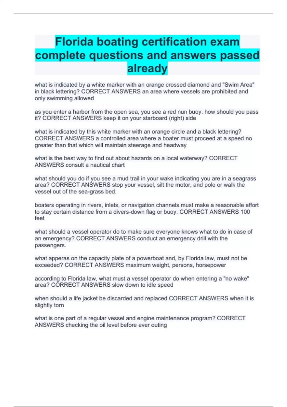 Florida boating certification exam complete questions and answers ...