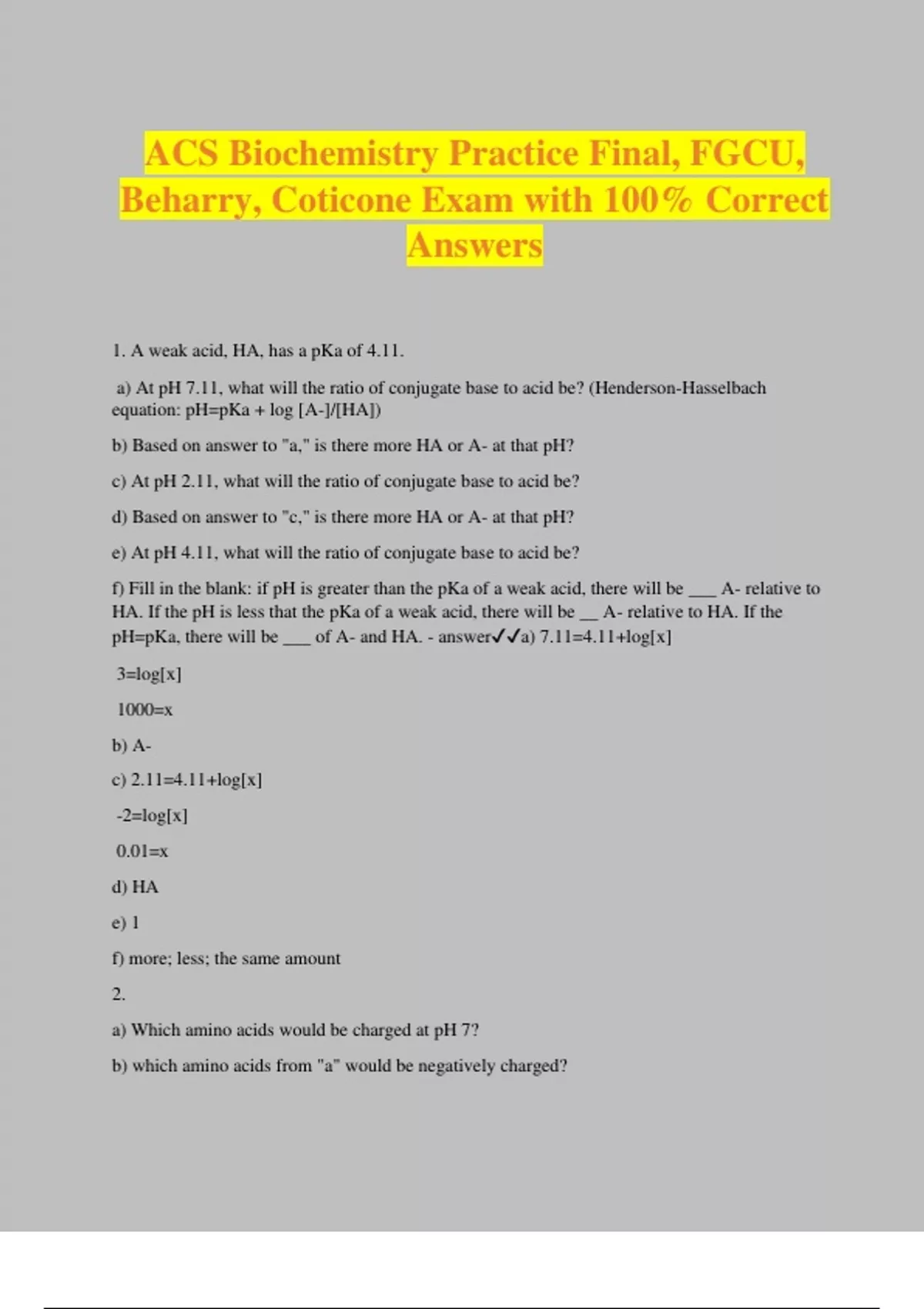 ACS Biochemistry Practice Final, FGCU, Beharry, Coticone Exam with 100% ...