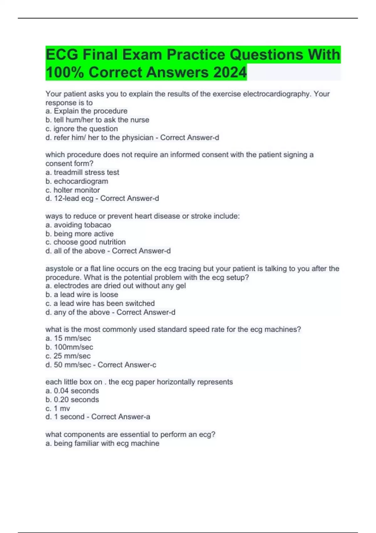 ECG Final Exam Practice Questions With 100% Correct Answers 2024 - ECG ...