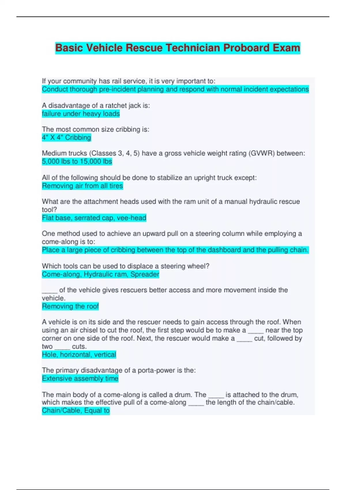 Basic Vehicle Rescue Technician Proboard Exam - Questions and Answers ...
