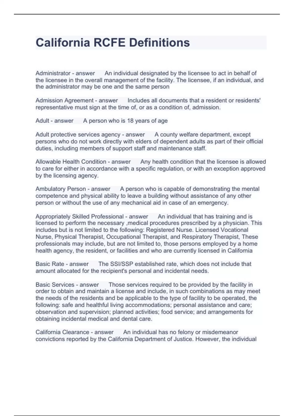 California RCFE Definitions Questions with correct Answers 2024 - Rcfe ...