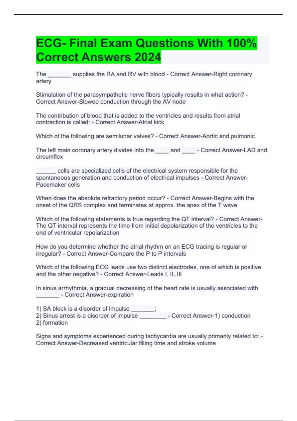 ECG- Final Exam Questions With 100% Correct Answers 2024 - ECG - Stuvia US