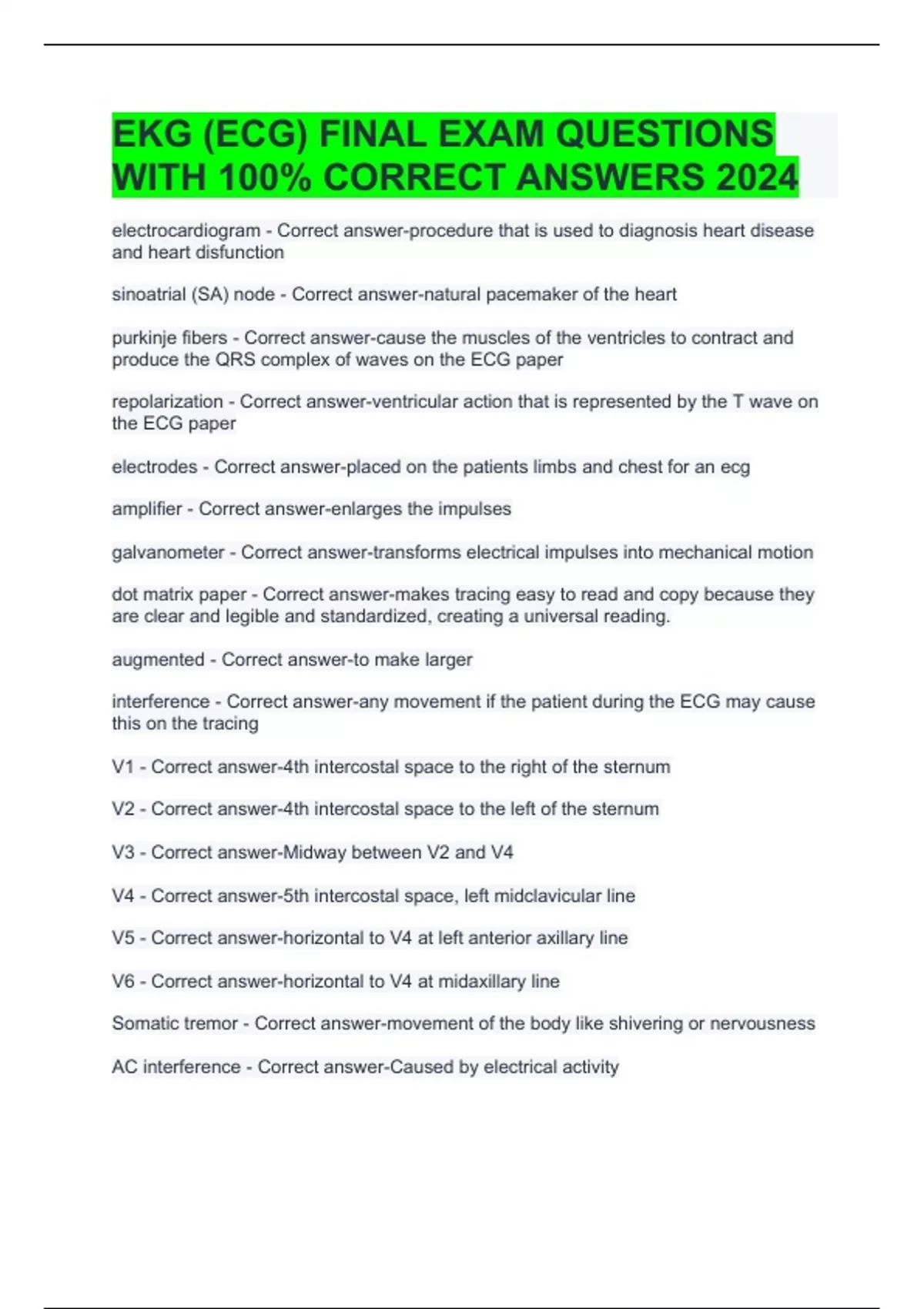 EKG (ECG) FINAL EXAM QUESTIONS WITH 100% CORRECT ANSWERS 2024 - Ekg ...