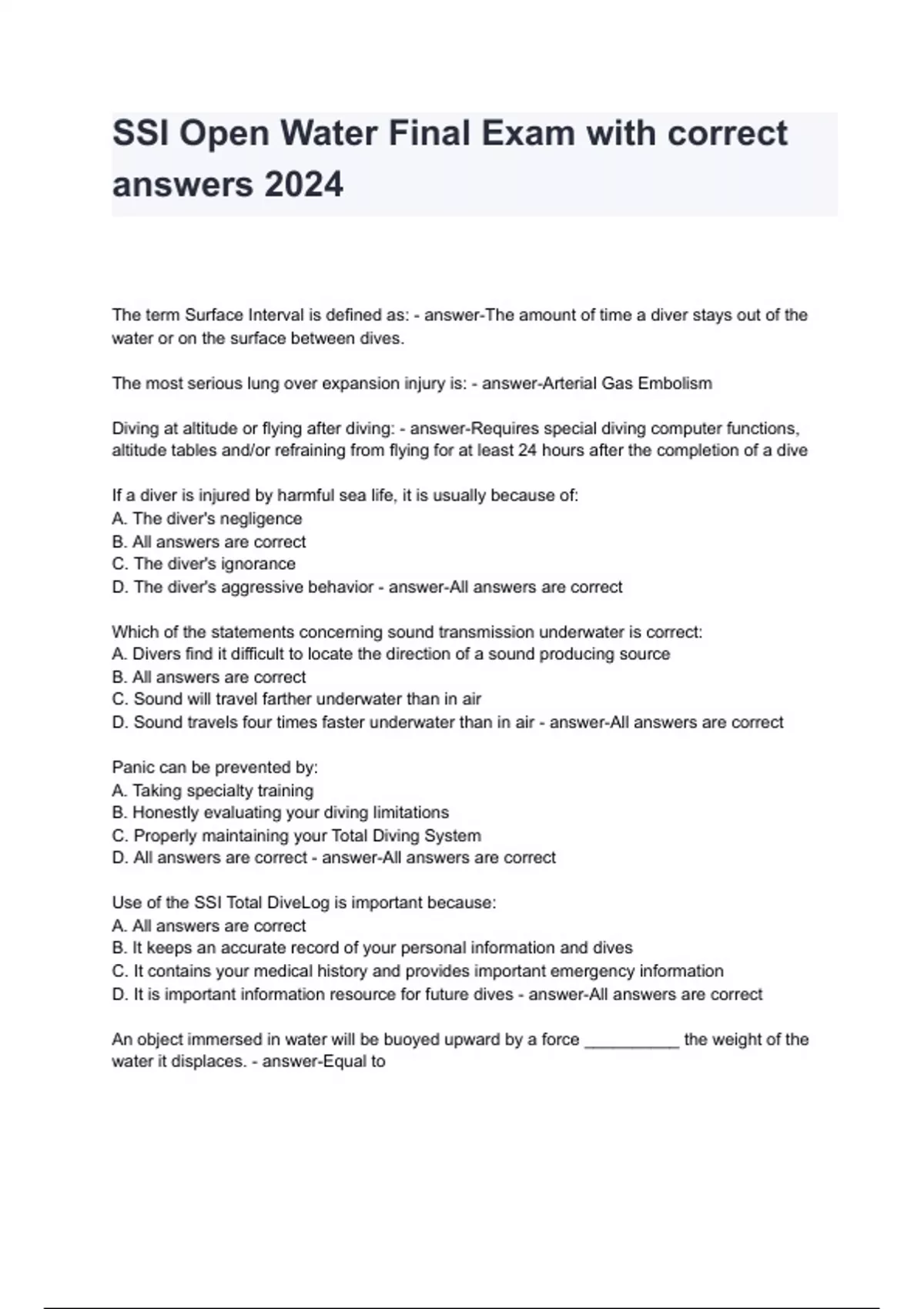 SSI Open Water Final Exam with correct answers 2024 - SSI Open Water ...