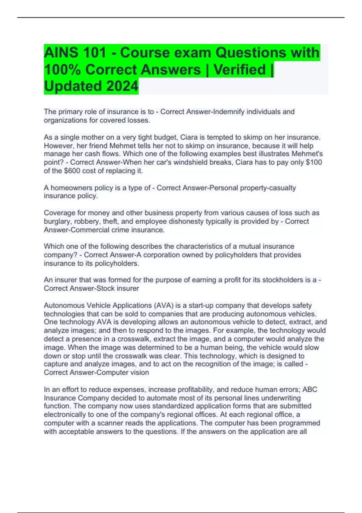 Package deal for AINS 101 - Course exam Questions with 100% Correct ...