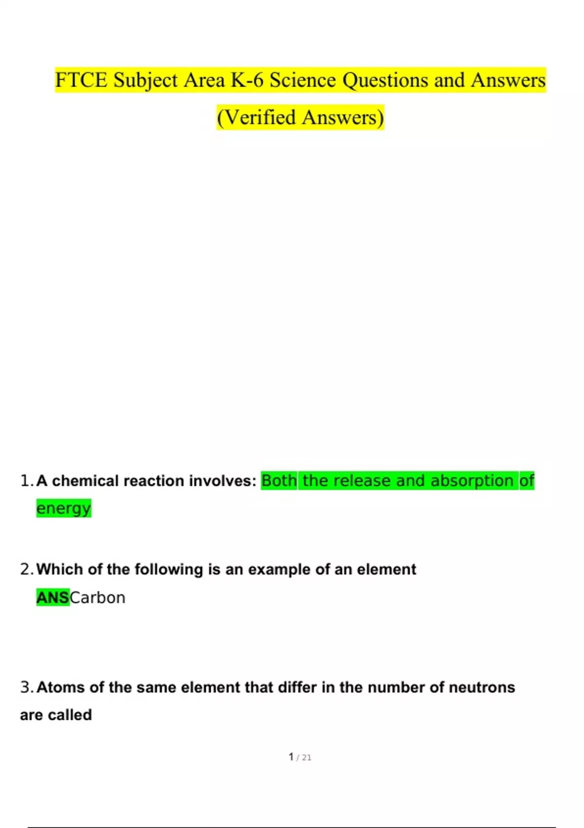 FTCE Subject Area K-6 Science Questions and Answers (2024 / 2025 ...