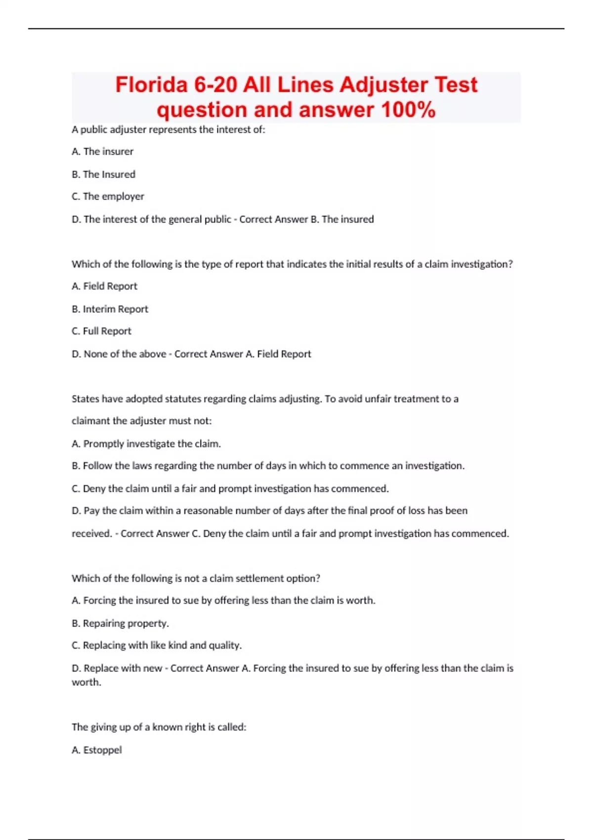 Florida 6-20 All Lines Adjuster Test question and answer 100% - Claims ...
