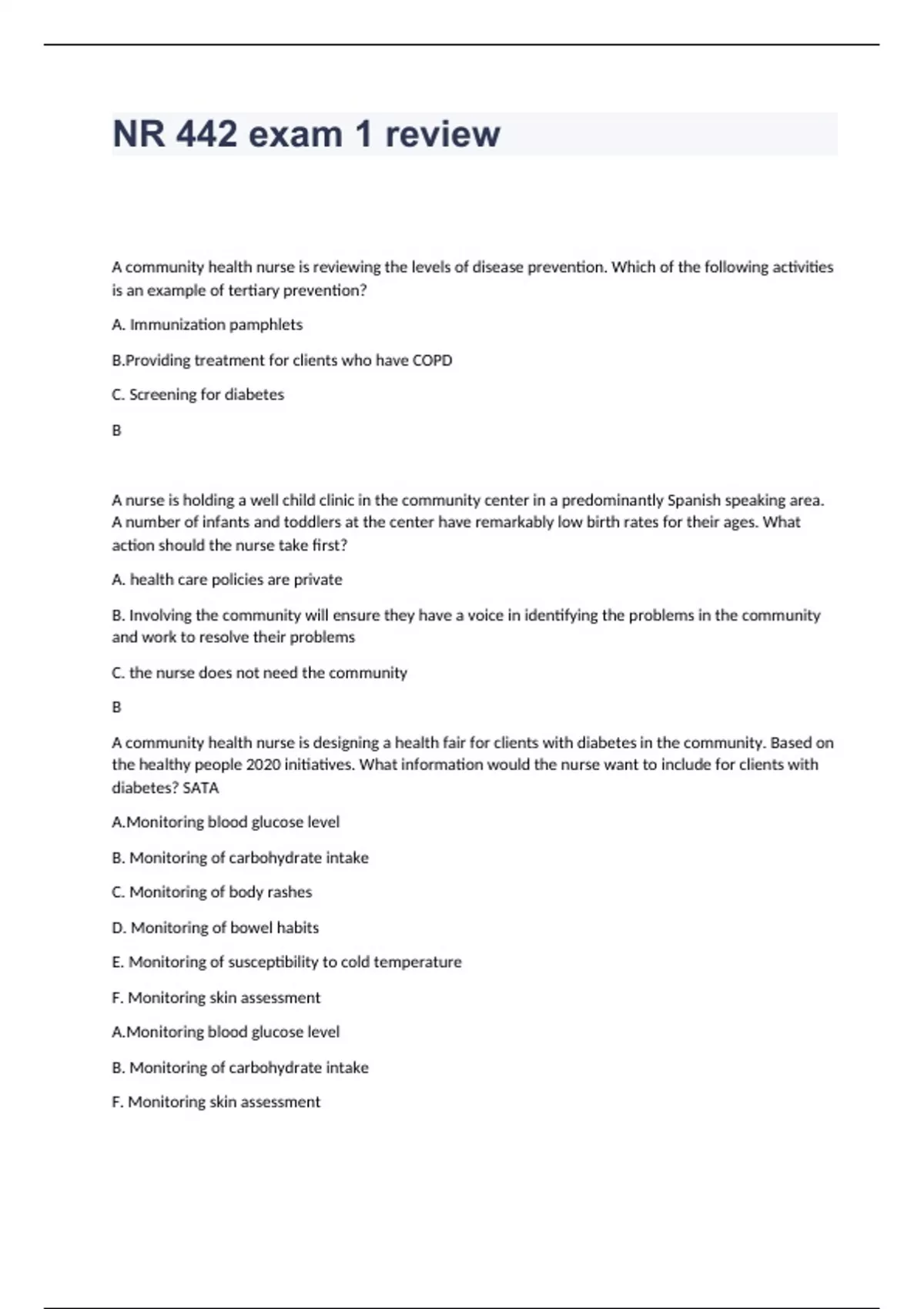 NR 442 exam 1 review with correct answers - NR-442: | NR 442 COMMUNITY HEALTH NURSING - Stuvia US